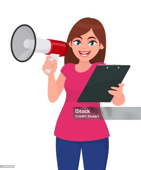 메가폰이나 라우드스피커를 들고 있는 청녀 클립 보드 문서 파일 또는 보고서를 들고 소녀 여성 캐릭터 디자인 일러스트 벡터 만화