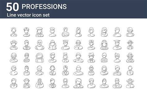50 직업 아이콘의 집합입니다 다이버 매니저 외과 의사 전화 운영자 스파이 경찰과 같은 얇은 라인 아이콘을 윤곽 택시 기사에 대한 스톡 벡터 아트 및 기타 이미지 Istock