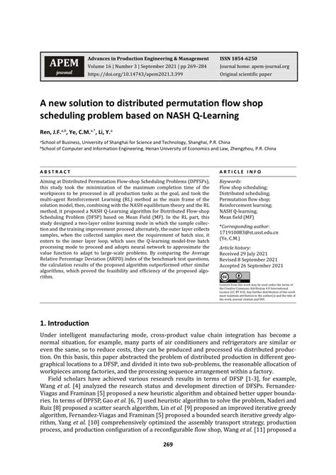 Pdf A New Solution To Distributed Permutation Flow Shop Scheduling Problem Based On Nash Q