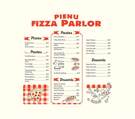 Pizza Parlor Menu With Classic Red And White Checkered Patterns Menu