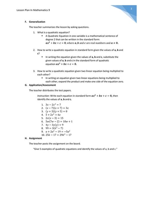 Lesson Plan In Mathematics 9 Illustrations Of Quadratic Equations Pdf Physics Science
