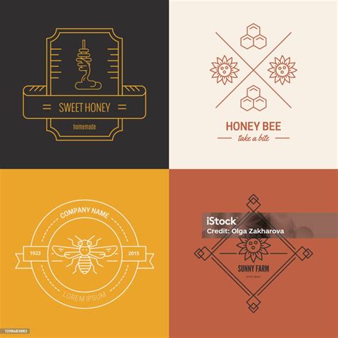 양봉 회사 선형 로고 벡터 템플릿 세트 꿀 가게의 로고 타입 얇은 선 아이콘이 있는 현대적인 라벨 컨셉 디퍼 벌집 해바라기 꿀벌 윤곽선 일러스트레이션 개념에 대한 스톡 벡터