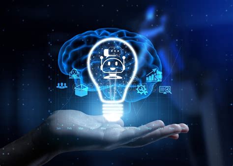 Chat Bot Automating Customer Interaction And Support With Human Hand Holding Lamp Hologram Stock