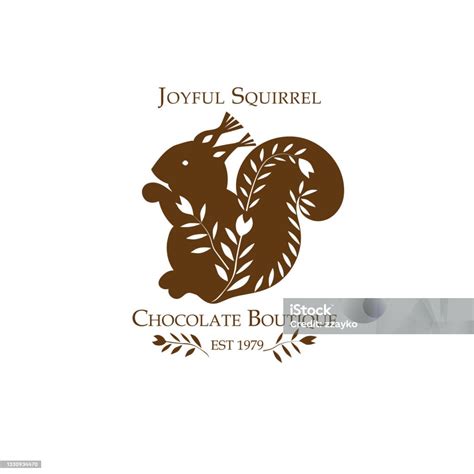 초콜릿 부티크 프리메이드 엠블럼 디자인 즐거운 다람쥐 흑백 색상 격리된 배경입니다 손으로 그린 스탬프 실루엣 농가 장식 농민