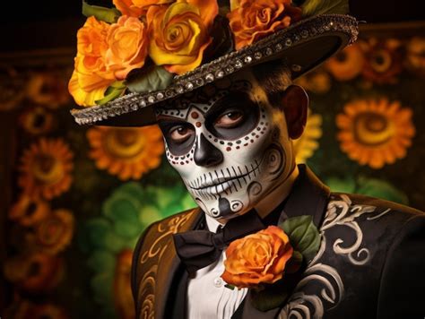 Premium Ai Image Man In Day Of The Dead Makeup With Playful Pose