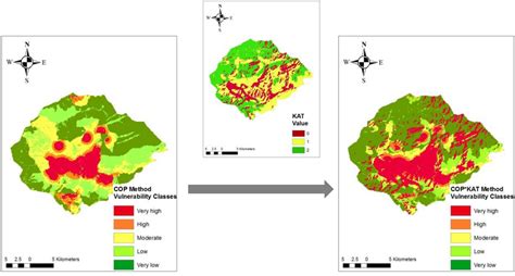 a aquifer vulnerability map using cop method b kat factor map and c
