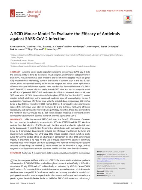 Pdf A Scid Mouse Model To Evaluate The Efficacy Of Antivirals Against Sars Cov 2 Infection