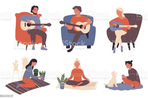 사람들은 집에서 시간을 즐길 수 기타를 연주 음악가 개와 함께 연주 남자와 여자 바닥재에 대한 스톡 벡터 아트 및 기타 이미지