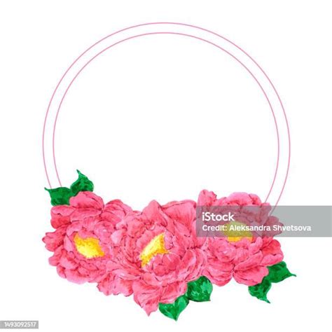 손으로 그린 수채화 마젠타 모란 꽃 둥근 프레임 흰색 배경에 격리되어 있습니다 스크랩북 엽서 배너 레이블 포스터 0명에 대한