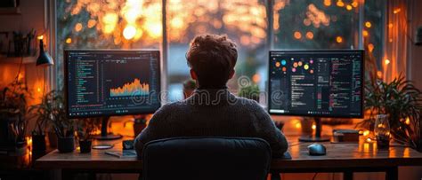 Professional Analyzing Data On Dual Monitors In Cozy Workspace At Sunset Stock Image Image Of