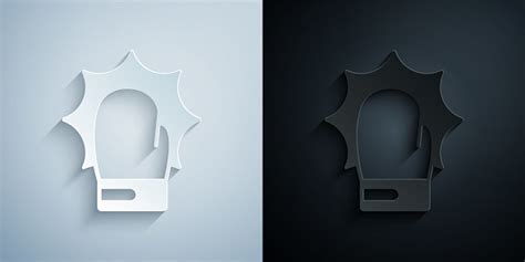 회색과 검은 색 배경에 고립 된 권투 장갑 아이콘에 종이 컷 펀치 폭발과 함께 타격 복싱 장갑 종이 아트 스타일 벡터 3차원