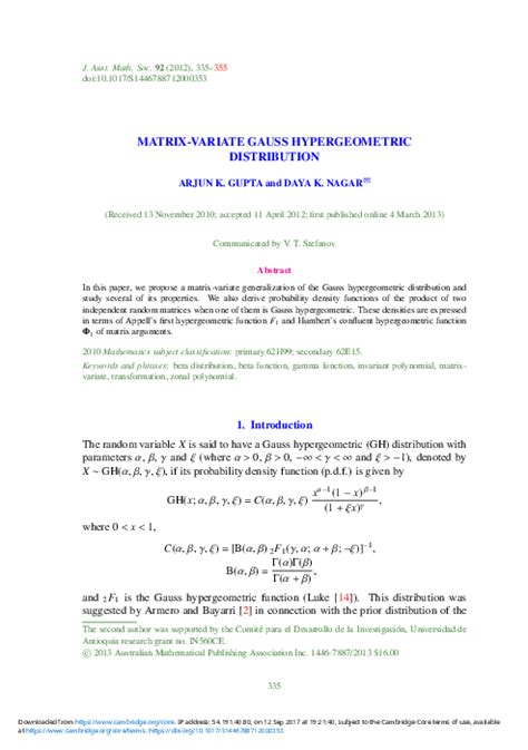 Pdf Matrix Variate Gauss Hypergeometric Distribution