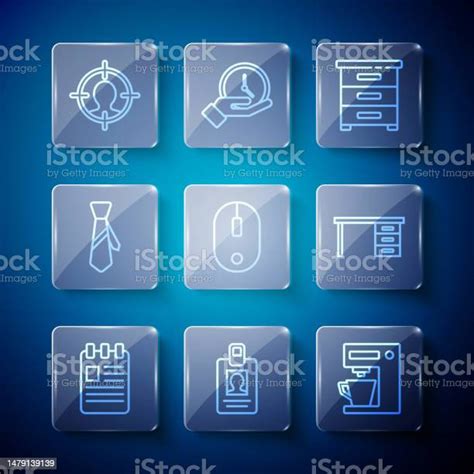 나선형 노트북 신분증 배지 커피 머신 문서가 있는 서랍 컴퓨터 마우스 넥타이 헤드 헌팅 개념 및 사무실 책상 아이콘을 설정합니다 벡터 개념에 대한 스톡 벡터 아트 및 기타