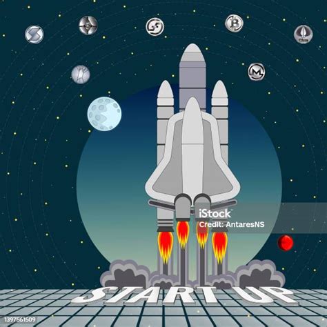 로켓은 비문과 함께 우주 항만에서 이륙합니다 크립토 통화와 행성의 이미지와 컬러 일러스트레이션 성공적인 새 프로젝트의 알레고리 개념에 대한 스톡 벡터 아트 및 기타 이미지