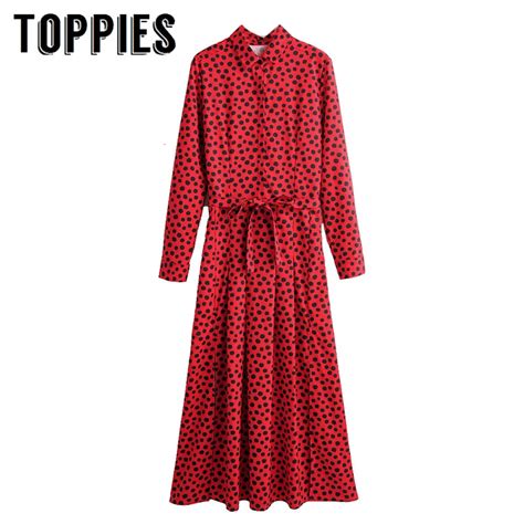 Красное длинное платье в горошек осень платье рубашка с длинным рукавом и принтом женское