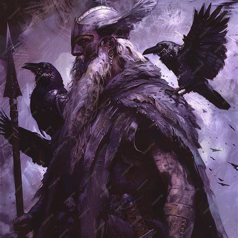 Premium Photo The Norse God Odin With His Ravens And Spear