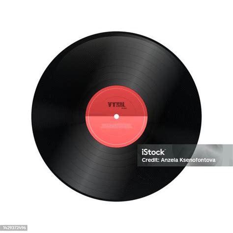 그라모폰 비닐 Lp 레코드와 빨간색 라벨 블랙 뮤지컬 롱 플레이 앨범 디스크 오래된 기술 현실적인 복고풍 디자인 벡터 아트 이미지 일러스트 레이 션 흰색 배경 Eps10에