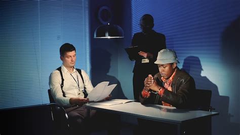 심문 실에서 경찰 형사 심문 용의자 프리미엄 사진