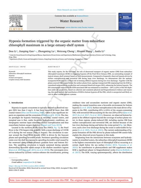 Pdf Hypoxia Formation Triggered By The Organic Matter From Subsurface Chlorophyll Maximum In A