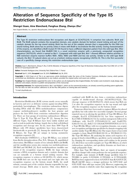Pdf Alteration Of Sequence Specificity Of The Type Iis Restriction Endonuclease Btsi