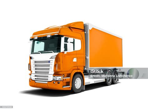 그림자와 함께 흰색 바탕에 상품 3d 렌더링을 수송 하기 위하여 백색 삽입과 오렌지 트레일러와 함께 현대 오렌지 트럭 0명에 대한 스톡 사진 및 기타 이미지 Istock
