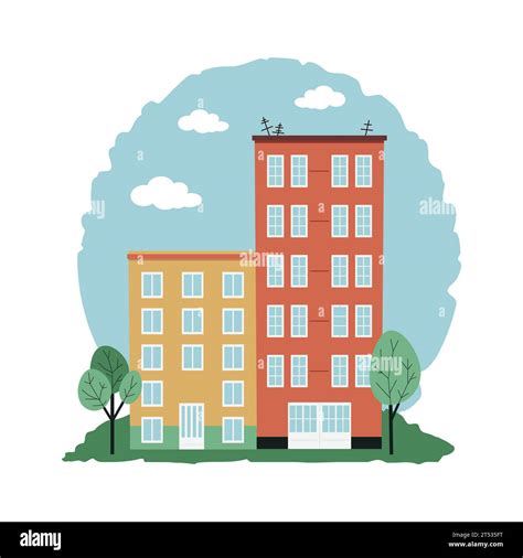 High Rise Buildings In The European Style Urban Space Blue Sky And White Clouds Vector Flat