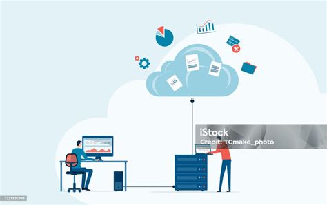 클라우드에서 작업하는 관리자 및 개발자 팀과 함께 하는 비즈니스 기술 스토리지 클라우드 컴퓨팅 서비스 개념 네트워크 서버에 대한 스톡 벡터 아트 및 기타 이미지 Istock