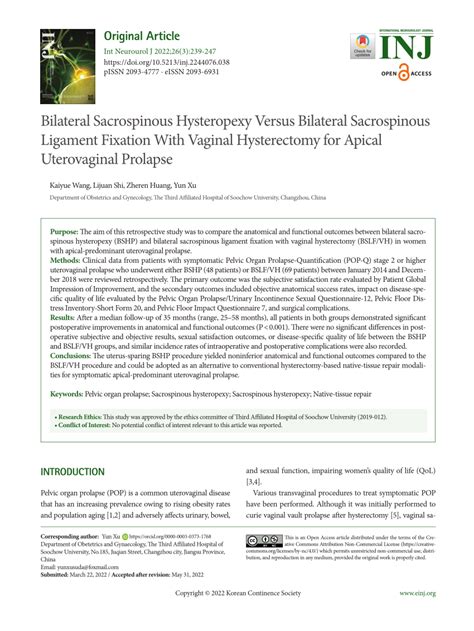 Pdf Bilateral Sacrospinous Hysteropexy Versus Bilateral Sacrospinous