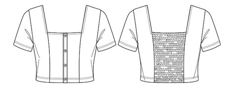 벡터 반소매 티셔츠 패션 Cad 트렌디 한 여성 사각형 목 작물 상단 기술 도면 유행 블라우스 템플릿 플랫 스케치 저지 또는