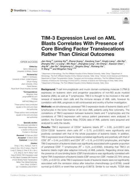 Pdf Tim 3 Expression Level On Aml Blasts Correlates With Presence Of Core Binding Factor