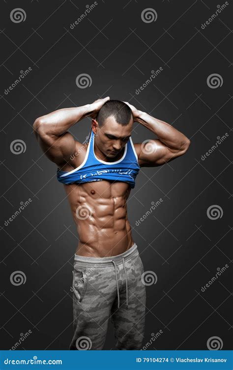 Strong Athletic Man Fitness Model Torso Showing Six Pack Abs Stock
