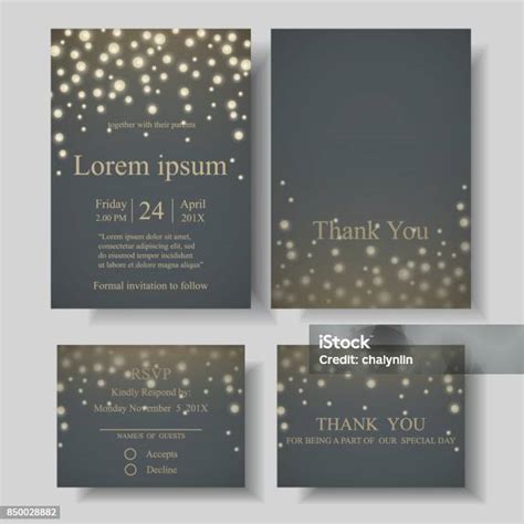 결혼식 초대 카드에 회색 배경으로 빛 반딧불 문자열의 집합입니다 대 한 신혼 부부 수 신부 샤워 생일 카드 브로셔 등을 사용 브라이덜 샤워에 대한 스톡 벡터 아트 및 기타