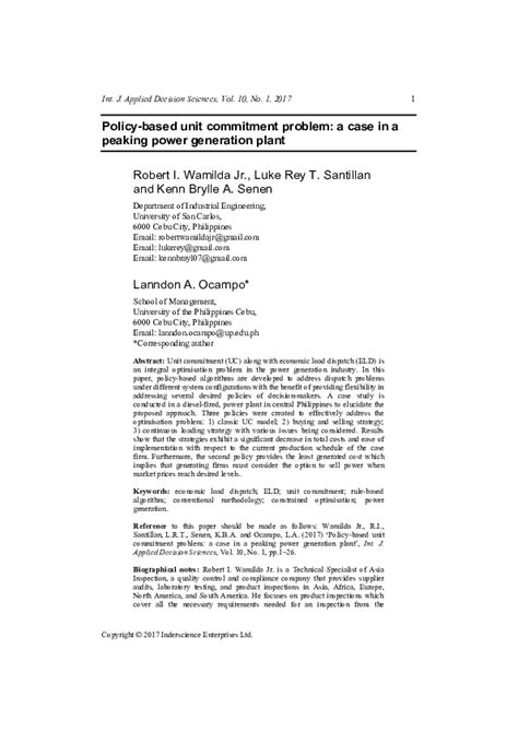Pdf Policy Based Unit Commitment Problem A Case In A Peaking Power Generation Plant