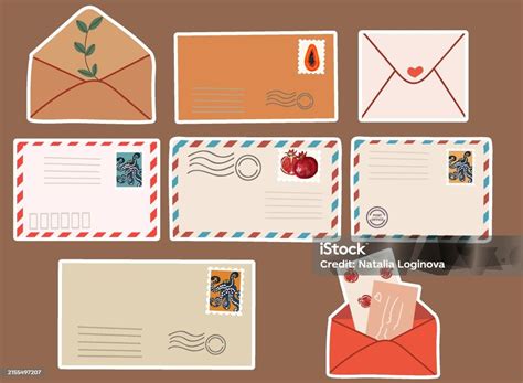 엽서와 봉투 스티커 팩 손으로 그린 엽서와 우표가 찍힌 봉투 사랑과 우정 편지 디자인의 현대 컬렉션 Vector Illustrations For Web 와 인쇄물 격리에