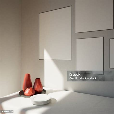 흰색과 나무 벽 콘크리트 바닥 수평 모형 포스터 프레임 및 화분에 심은 빈 사무실 홀의 내부 광고의 개념 3d 렌더링 0명에 대한 스톡 사진 및 기타 이미지 Istock