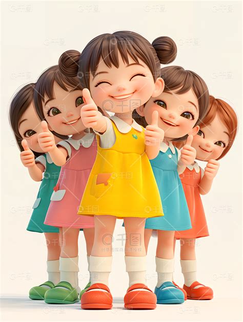 大拇指ai数字艺术 几个小女孩站成一排竖起大拇指3d卡通插图 Ai立体元素免费下载png格式2784像素编号70496235 千图网