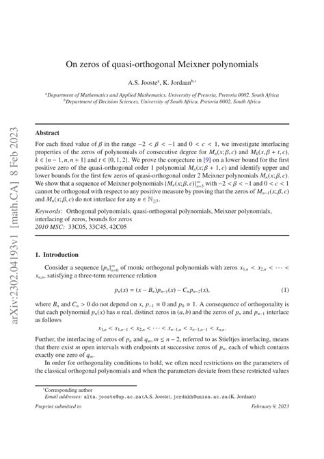 Pdf On Zeros Of Quasi Orthogonal Meixner Polynomials