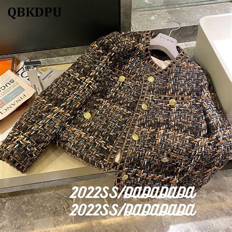 여성용 빈티지 격자 무늬 트위드 재킷 우아한 럭셔리 긴 소매 짧은 코트 한국 패션 라운드 넥 디자인 아우터 봄 가을