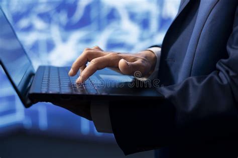 Data Analyst Using Laptop To Implement Artificial Intelligence Close Up Stock Image Image Of