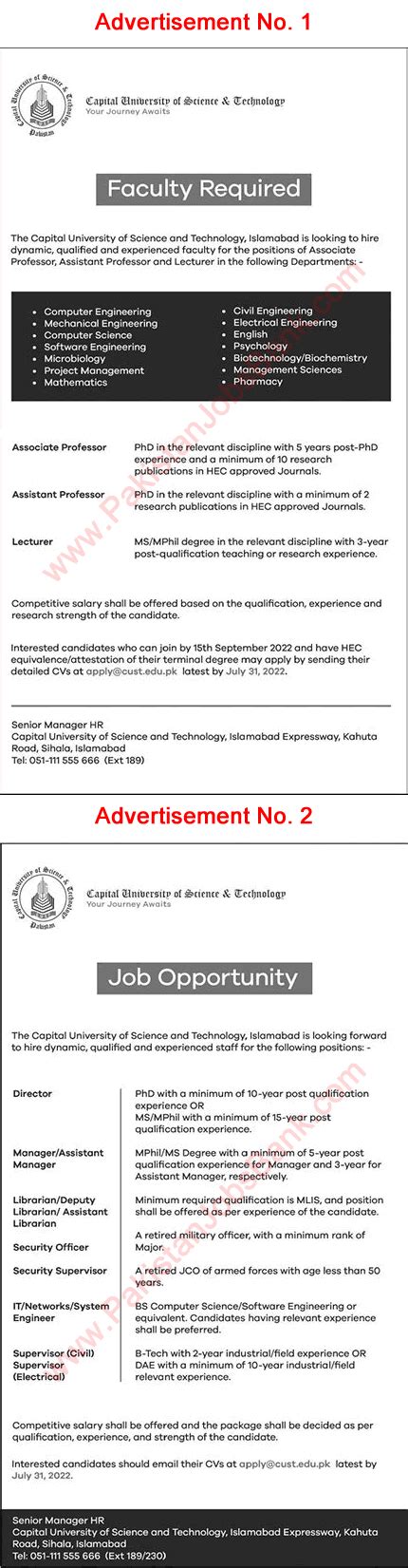 Capital University Of Science And Technology Islamabad Jobs 2022 July