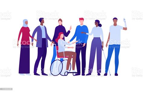 포용과 다양성 개념 벡터 플랫 피플 캐릭터 일러스트레이션 다문화및 다국적 행복 남성과 여성 군중 막대기로 블라인드 휠체어를 탄 여자 의족을 가진 남자 다민족 그룹에 대한