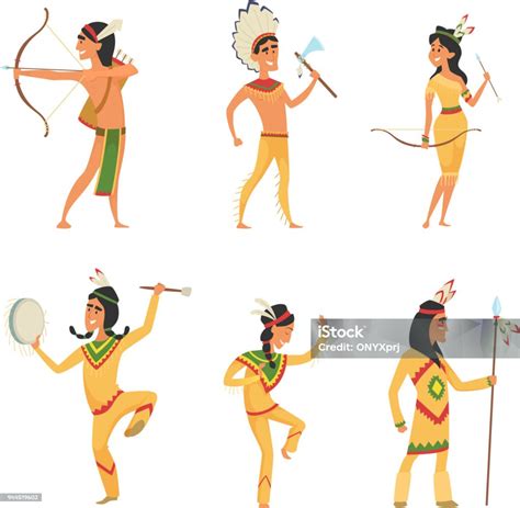 만화 스타일에서 문자를 설정 합니다 전통적인 아메리카 인디언 개체 그룹에 대한 스톡 벡터 아트 및 기타 이미지 개체 그룹 고대의 깃털 Istock