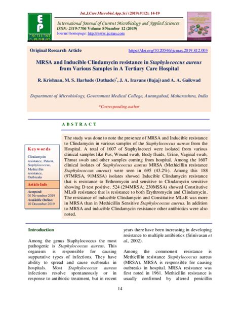 Pdf Mrsa And Inducible Clindamycin Resistance In Staphylococcus Aureus From Various Samples In