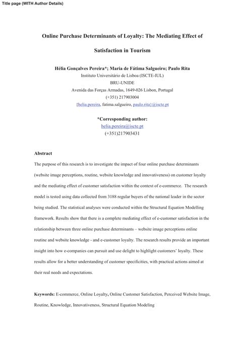 Pdf Online Purchase Determinants Of Loyalty The Mediating Effect Of Satisfaction In Tourism