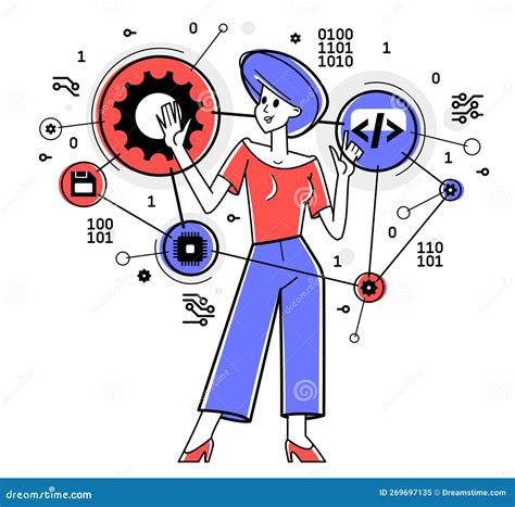 computer engineer in work vector outline illustration programmer and
