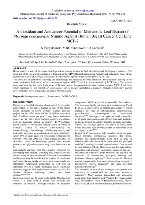Pdf Antioxidant And Anticancer Potential Of Methanolic Leaf Extract Of Moringa Concanensis