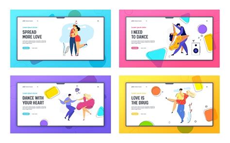 사랑 방문 페이지에 행복 한 커플 남자는 자신의 여자 친구를 키스 여자 포옹 남자 친구 디스코 웹 배너 춤 연인 캐릭터와 낭만적