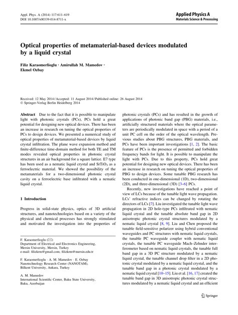 Pdf Optical Properties Of Metamaterial Based Devices Modulated By A Liquid Crystal