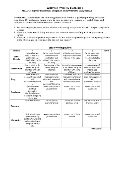 Performance Task 2 Modals Of Prohibition And Obligation Writing Task
