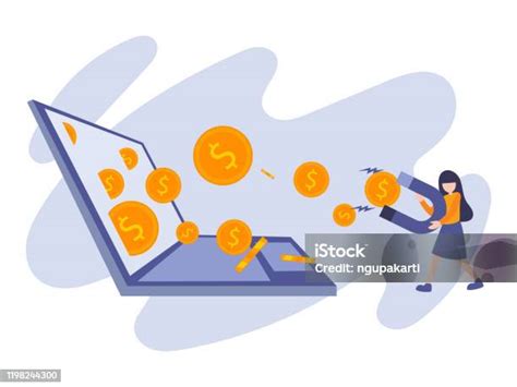 랩톱에서 자석으로 돈을 유치 하는 성공적인 여성의 비즈니스 플랫 디자인 일러스트 비즈니스 우먼의 벡터 만화 은유 개념은 디지털 마케팅 성과에서 달러 동전을 얻을 동전에 대한